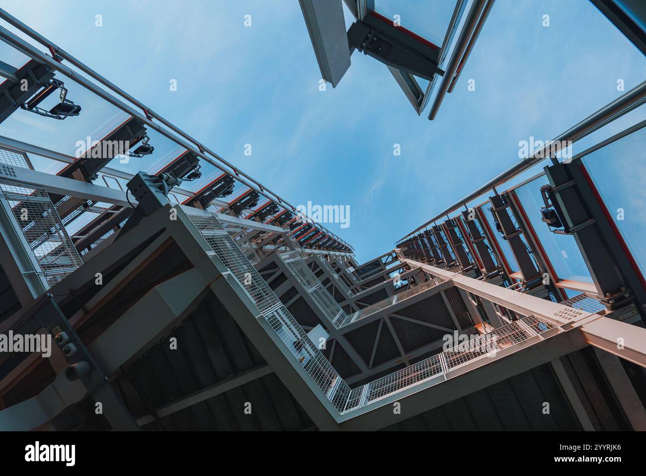 The Shard's steel and glass design is captured from below, emphasizing ...