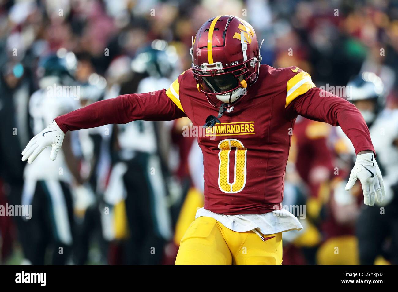 Washington Commanders cornerback Mike Sainristil (0) celebrates after ...