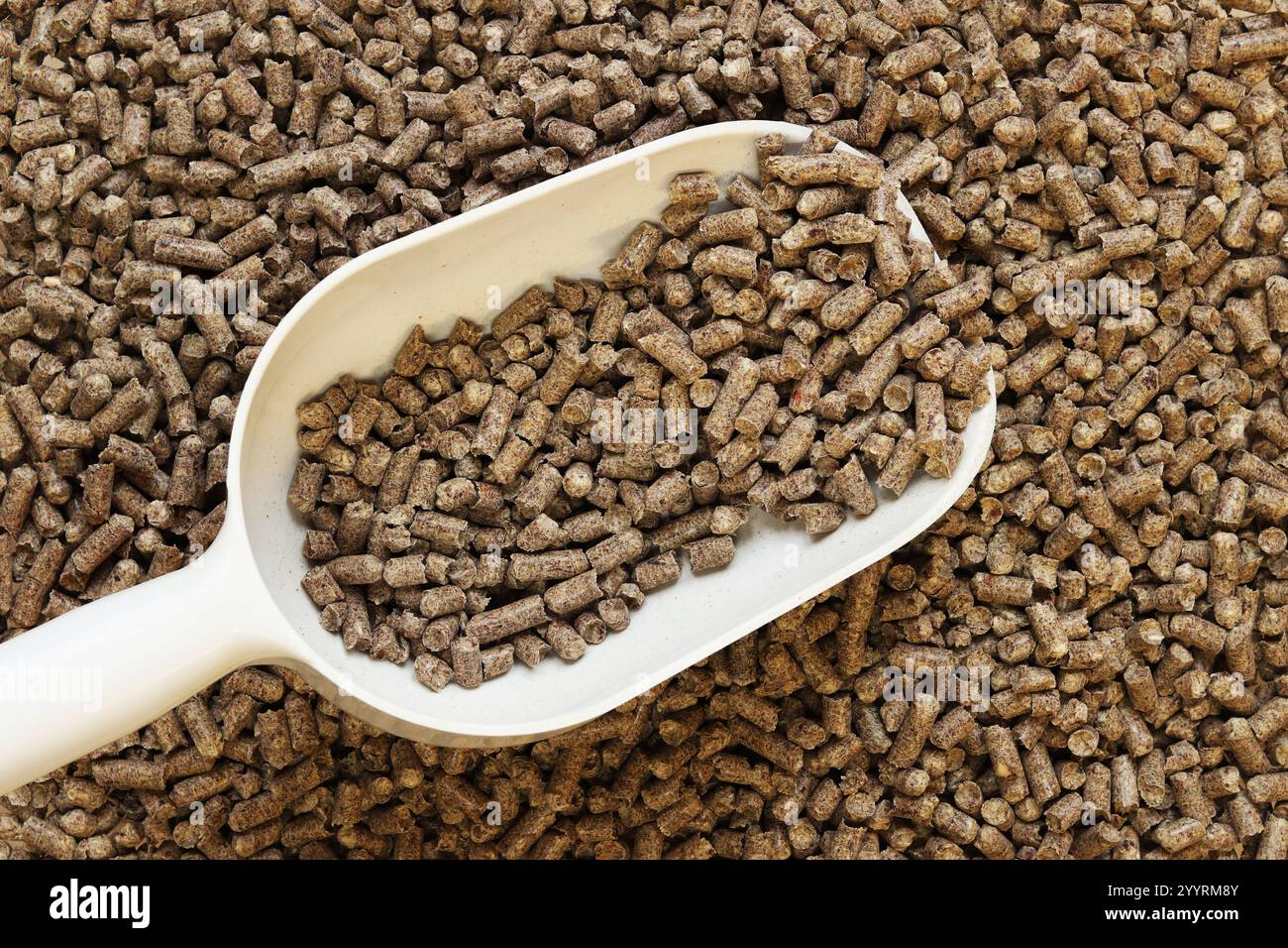 Wood cat litter and plastic scoop. Hygienic filler for pets. Pressed ...