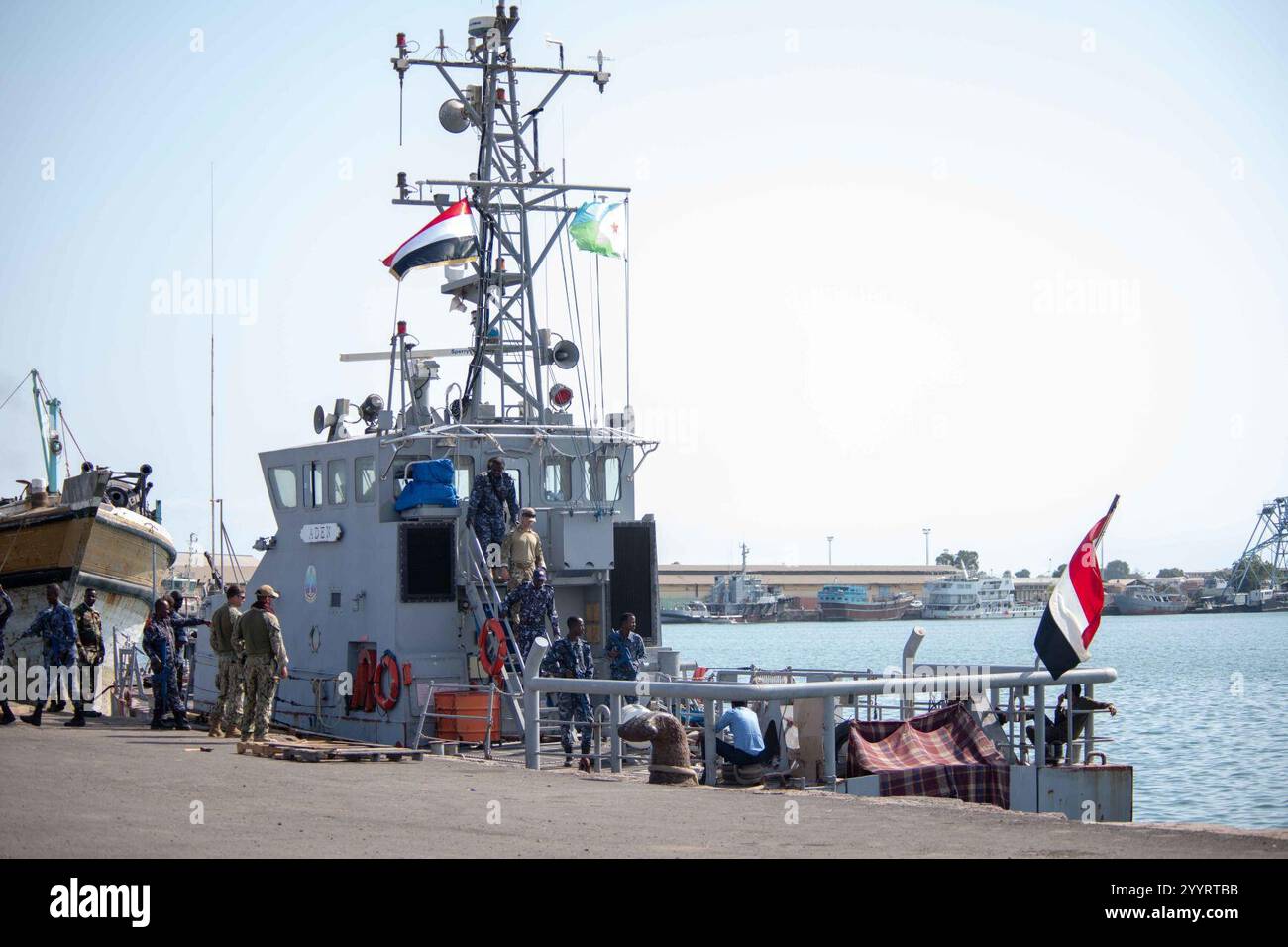 Djiboutian service members train aboard a Yemeni coast guard patrol ...