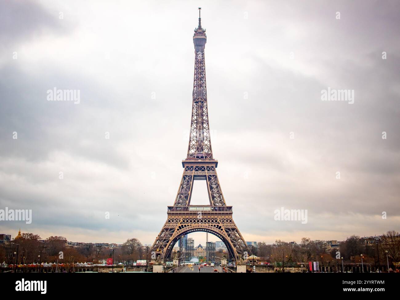 Iconic landmark the Eiffel Tower on a cold cloudy Paris France morning ...
