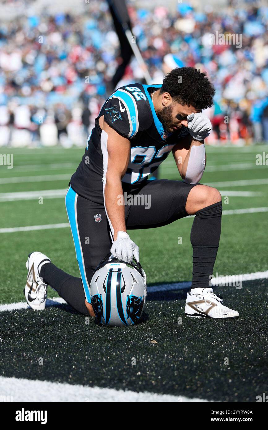 Carolina Panthers tight end Tommy Tremble (82) kneels in the endzone ...