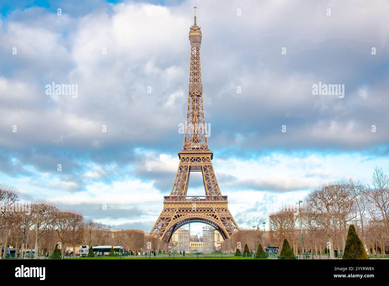 Iconic landmark the Eiffel Tower on a cold cloudy Paris France morning ...