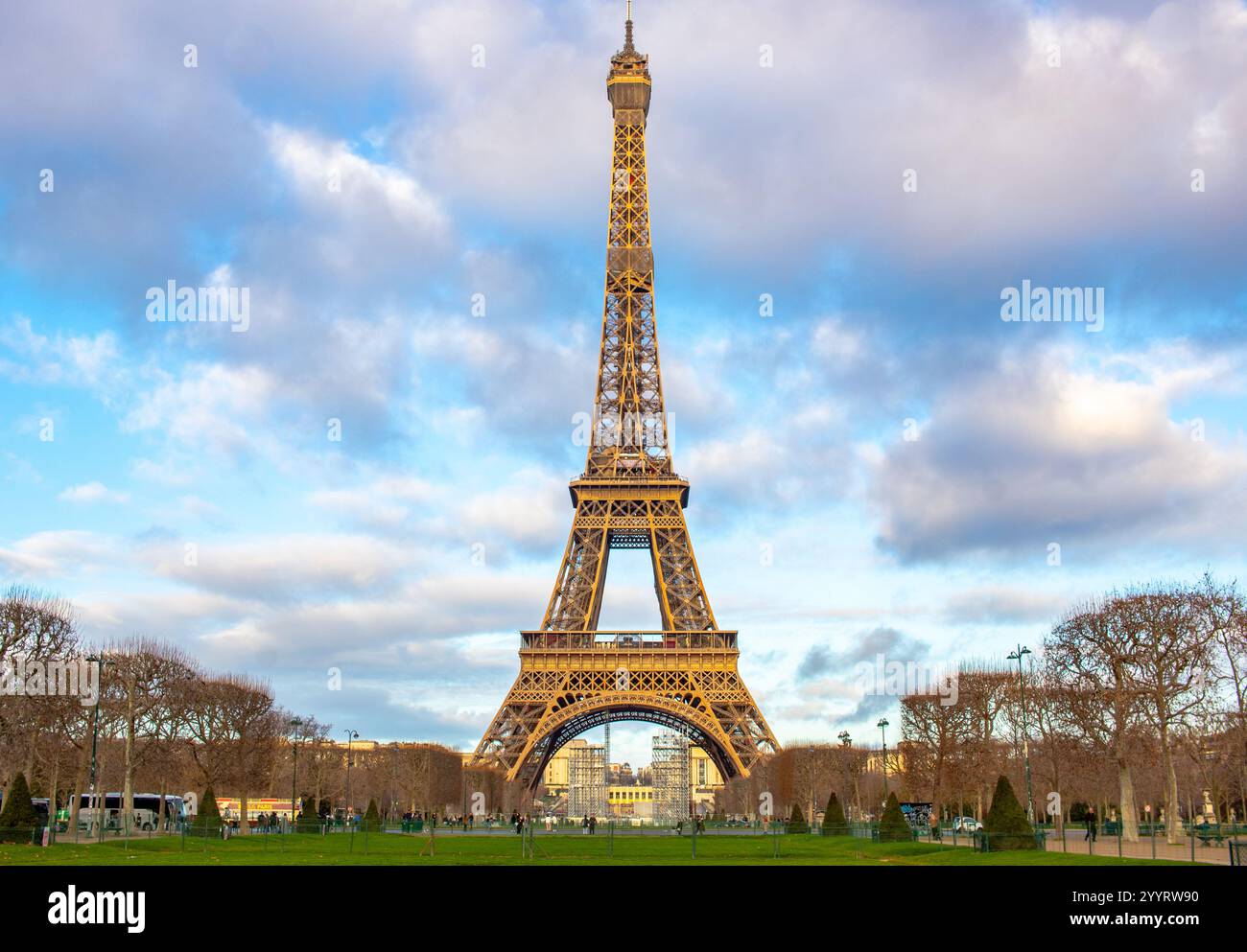 Iconic landmark the Eiffel Tower on a cold cloudy Paris France morning ...