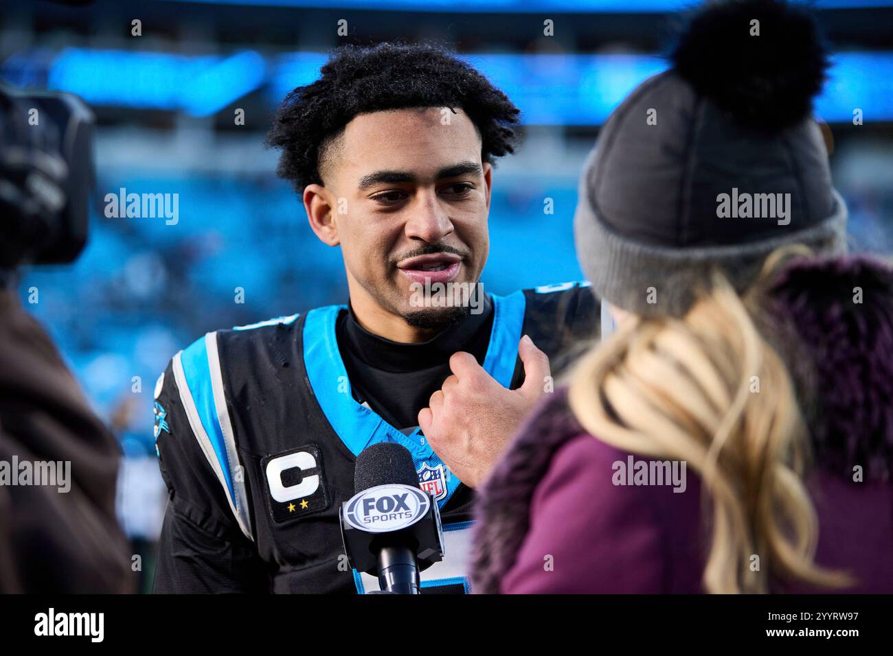 Carolina Panthers quarterback Bryce Young (9) is interviewed by Fox NFL ...