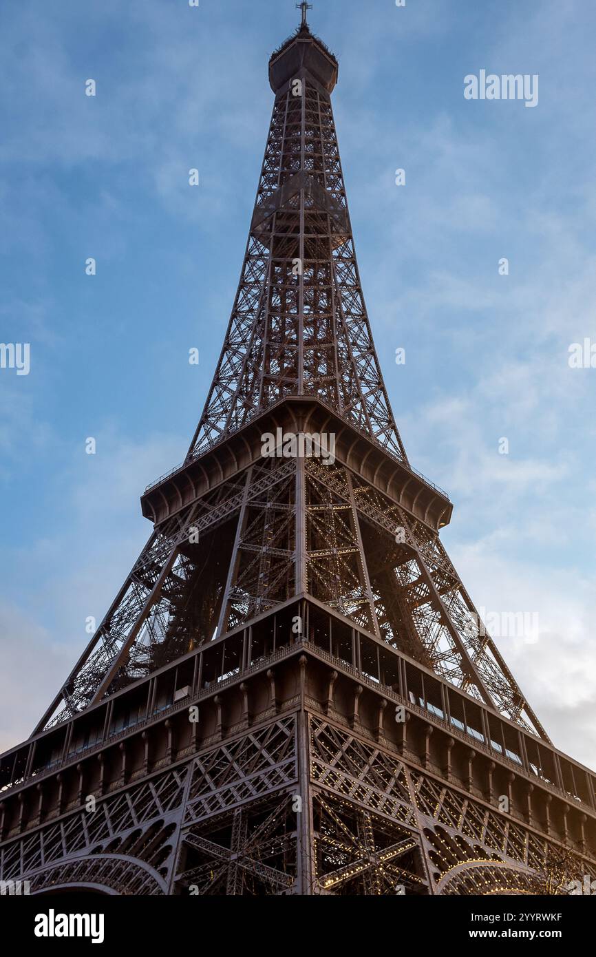 Iconic landmark the Eiffel Tower on a cold cloudy Paris France morning ...