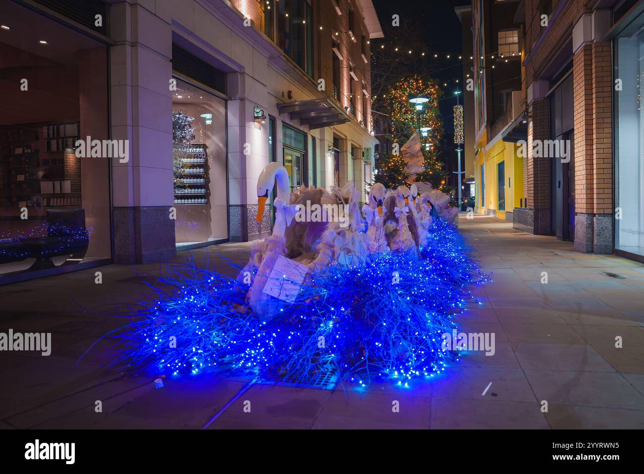 Illuminated Swans and Christmas Tree in Festive London Street Scene ...