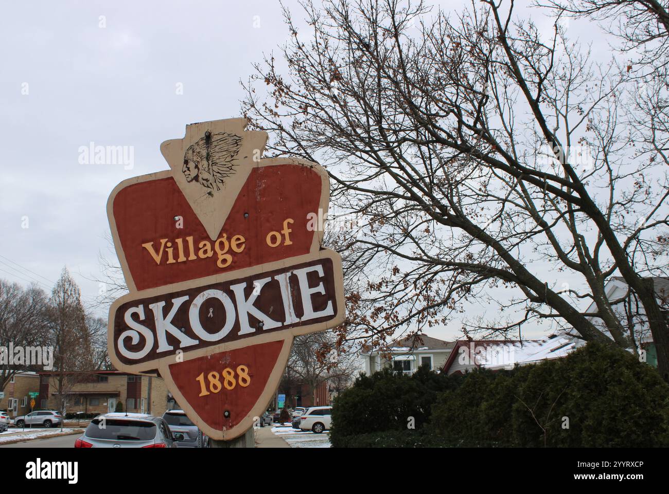 Welcome to Skokie sign with Native American symbol in winter on an ...