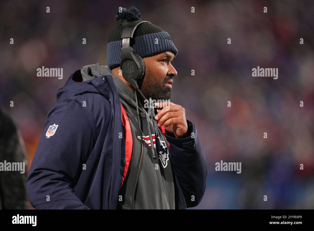 New England Patriots head coach Jerod Mayo during the second quarter of ...