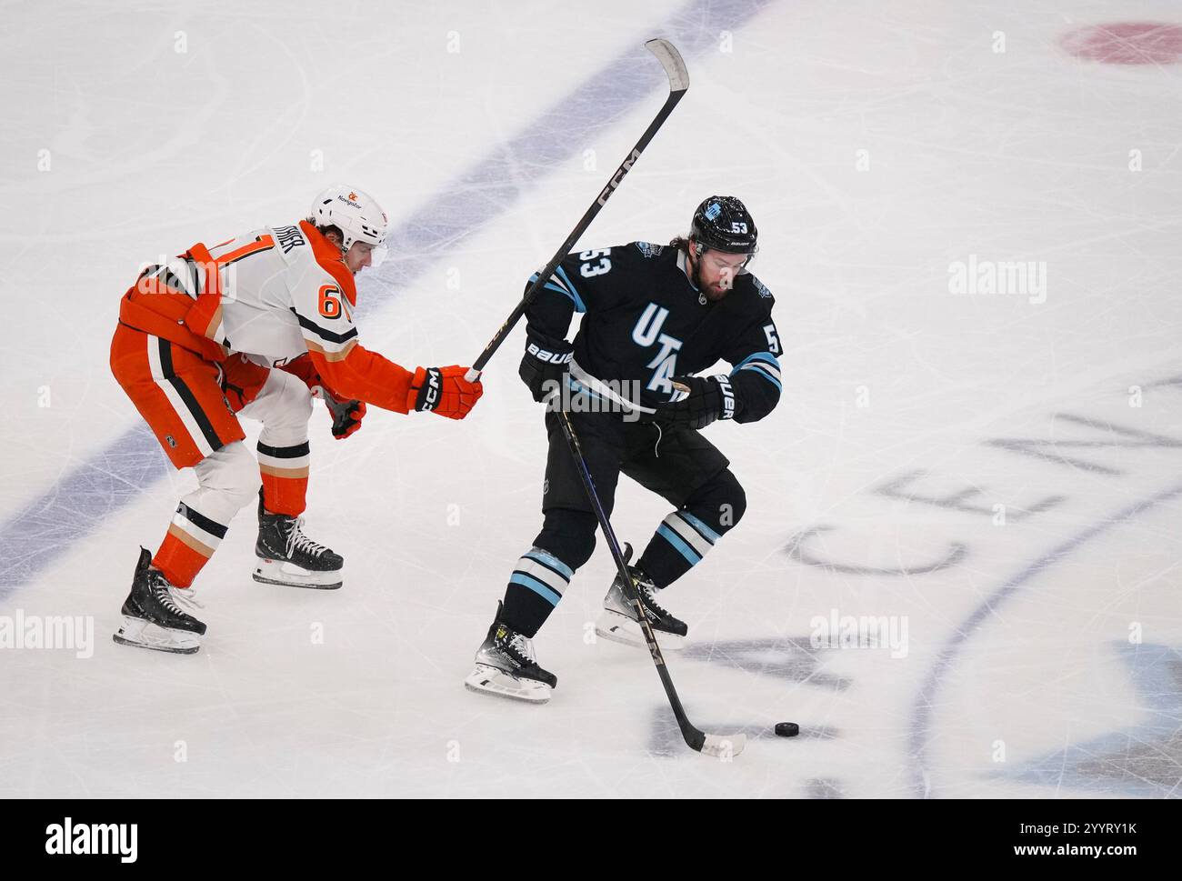 Utah Hockey Club left wing Michael Carcone (53) moves the puck downice ...