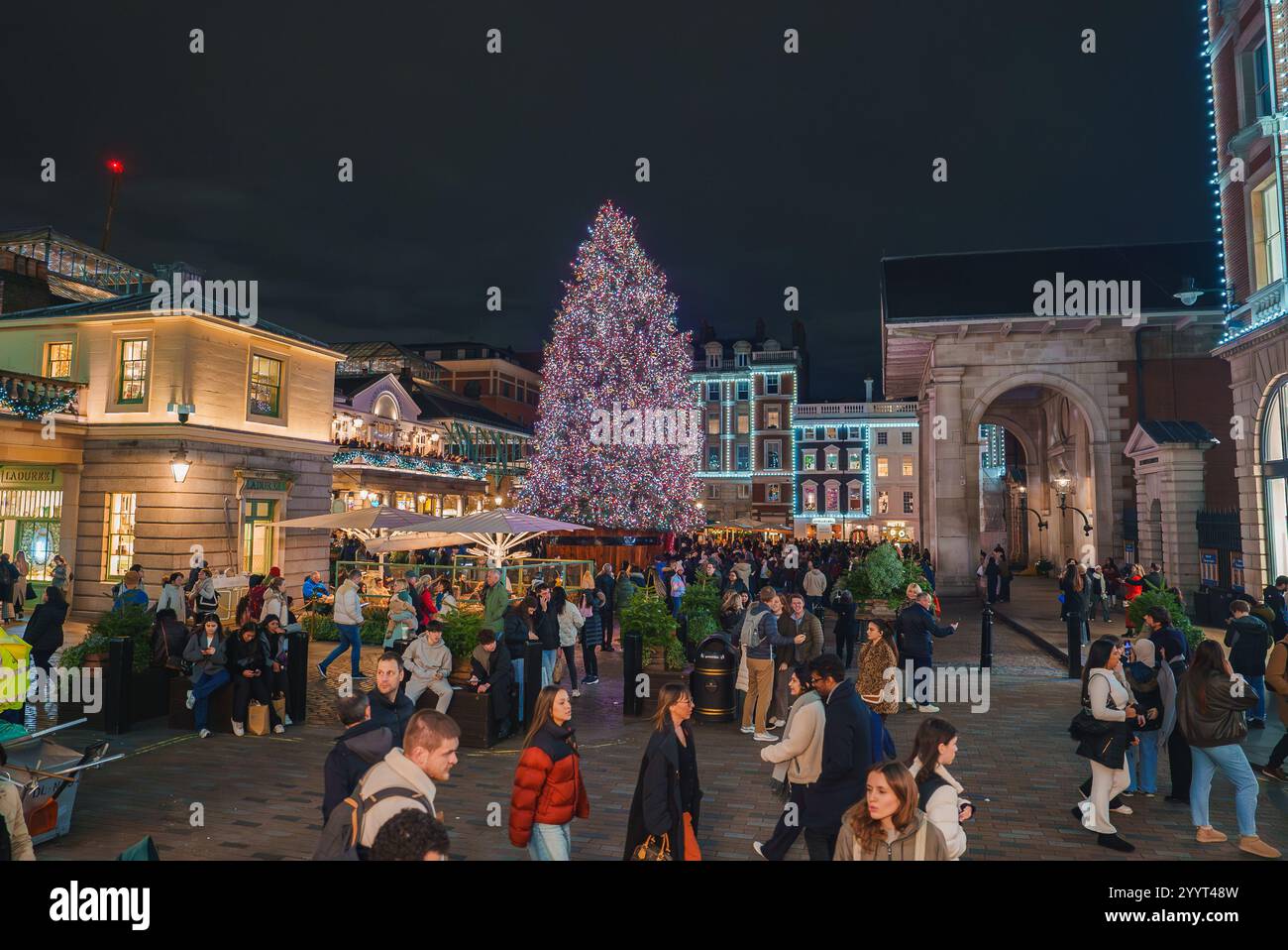 Festive Christmas Scene in Covent Garden, London with Decorated Tree ...