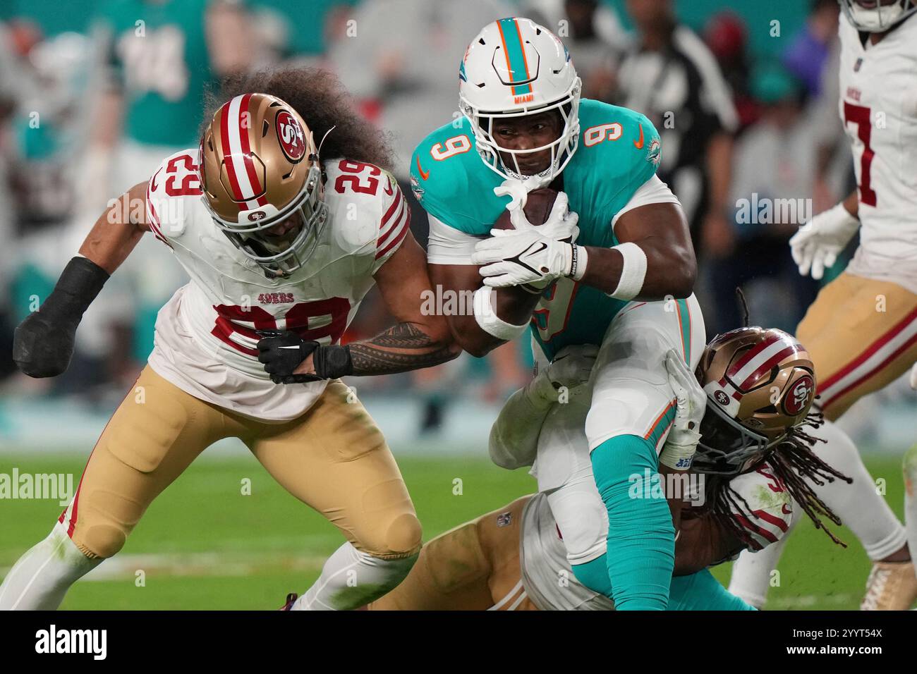 Miami Dolphins tight end Jonnu Smith (9) is stopped by San Francisco ...