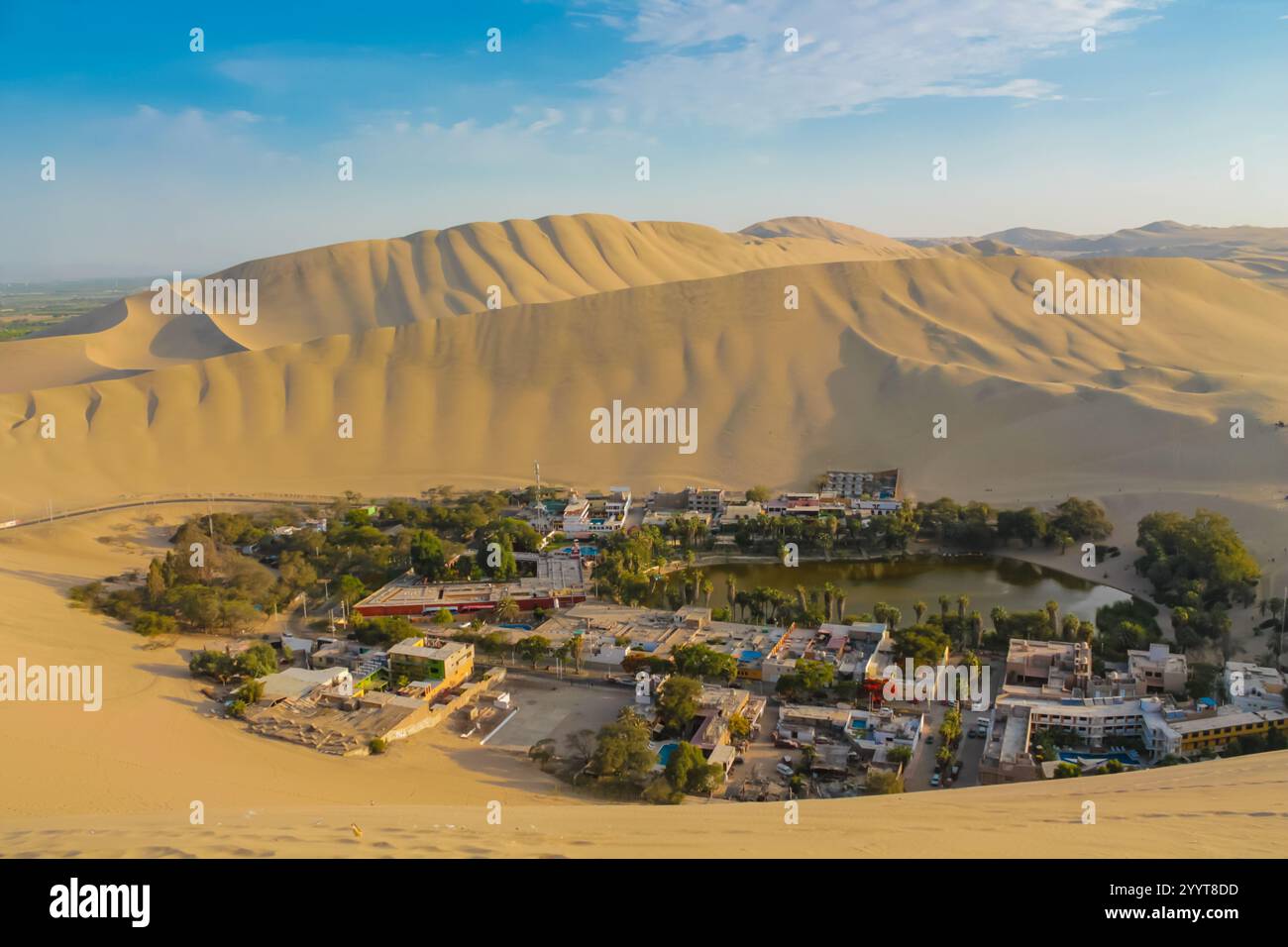 Huacachina oasis among the sand dunes dry desert in Peru. Peruvian ...