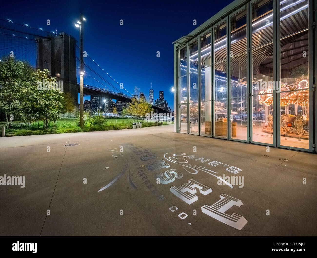 Brooklyn Bridge and Jane's Carousel at blue hour, viewed from DUMBO ...