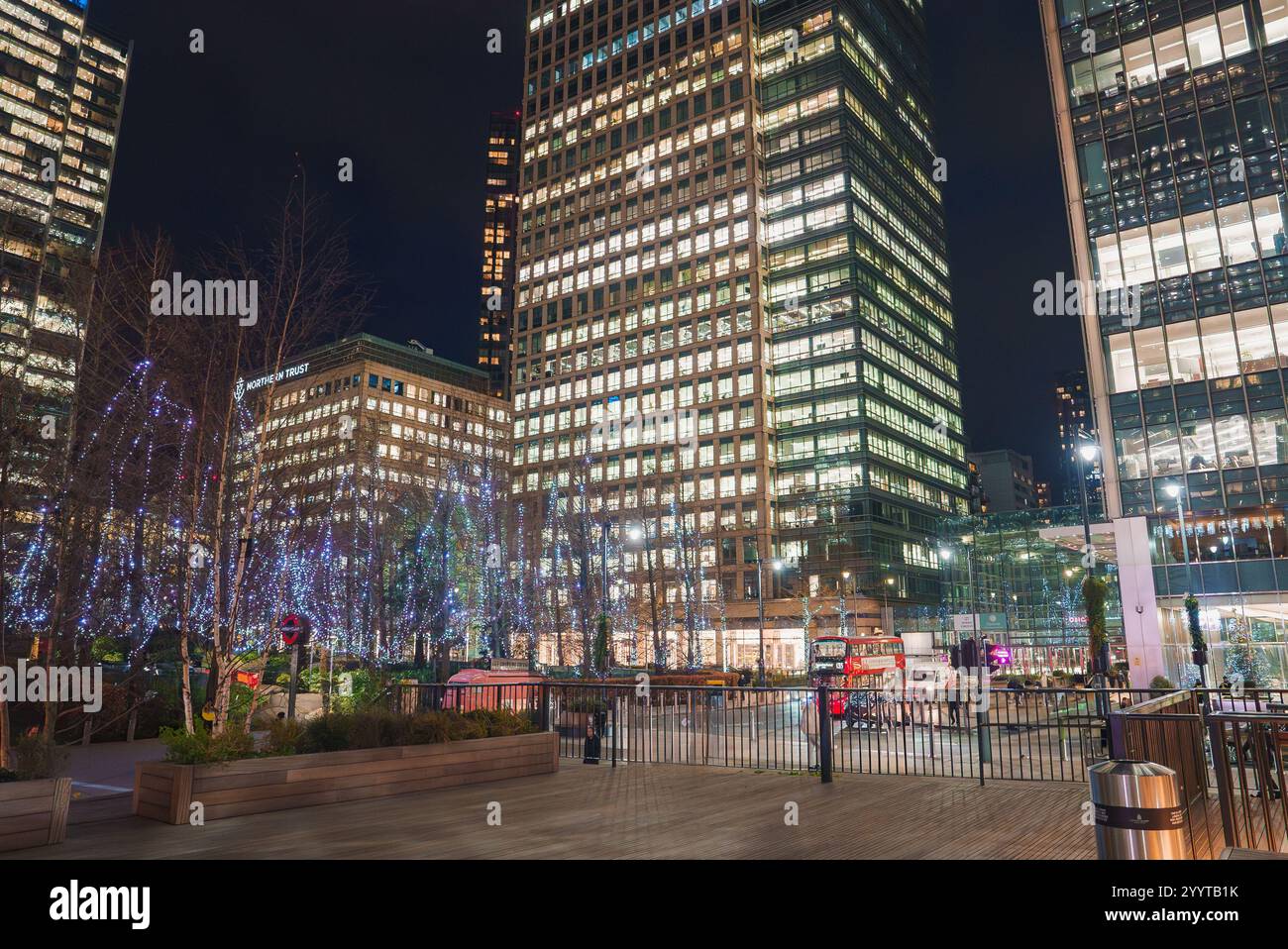 Nighttime Christmas Scene in Canary Wharf, London with Skyscrapers ...
