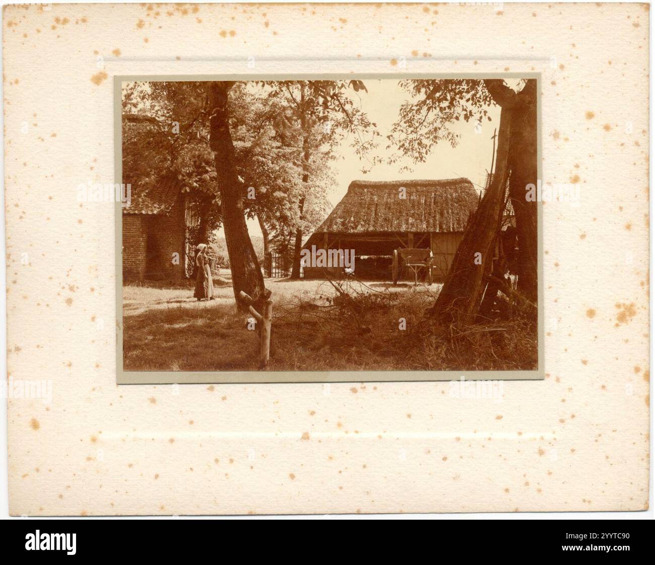 Door de bomen is een open schuur met een riet gedekt dak zichtbaar ...