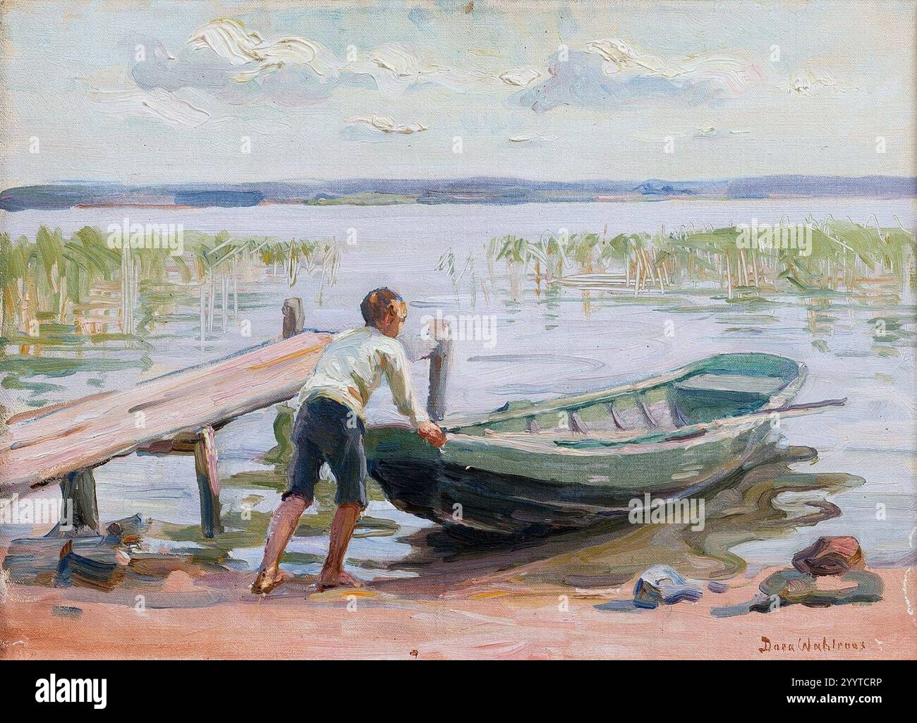 Dora Wahlroos - A Boy and a Boat by the Shore Stock Photo - Alamy