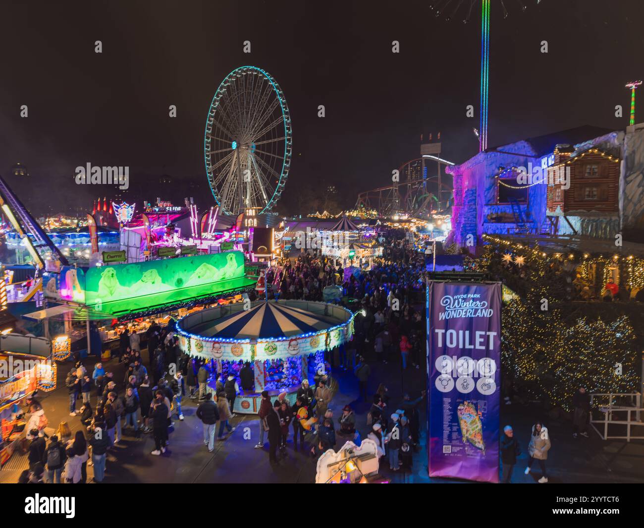 The image shows Hyde Park's Winter Wonderland in London, featuring a ...