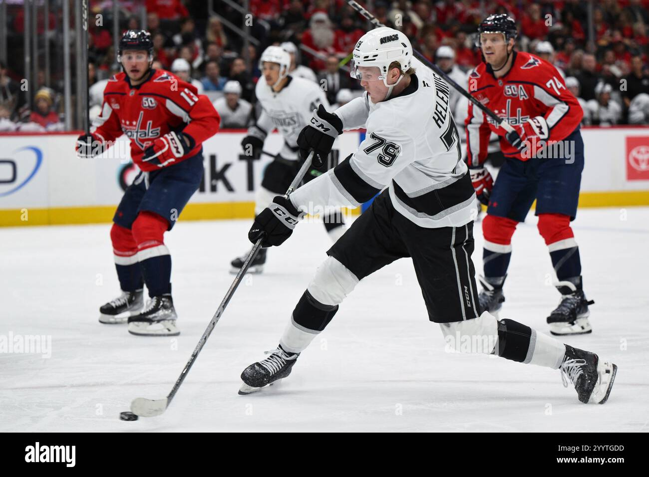 Los Angeles Kings center Samuel Helenius attempts to shoot during the ...