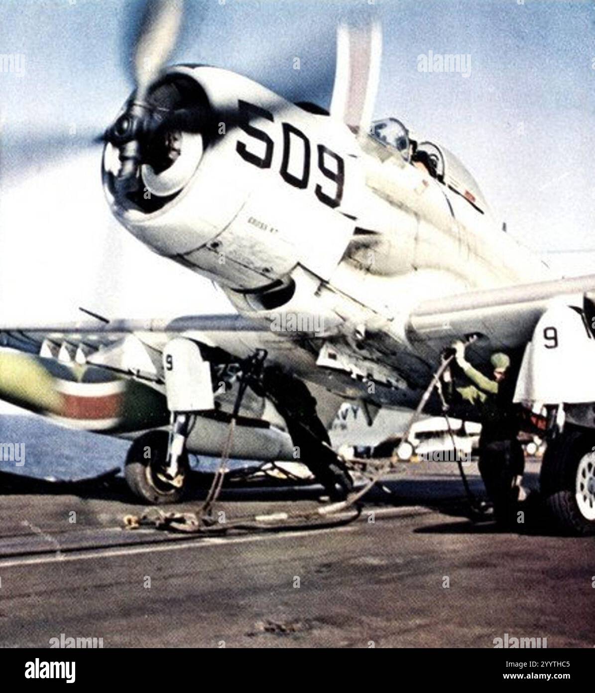 Douglas A-1J Skyraider of VA-95 is readied for launch from USS Ranger ...