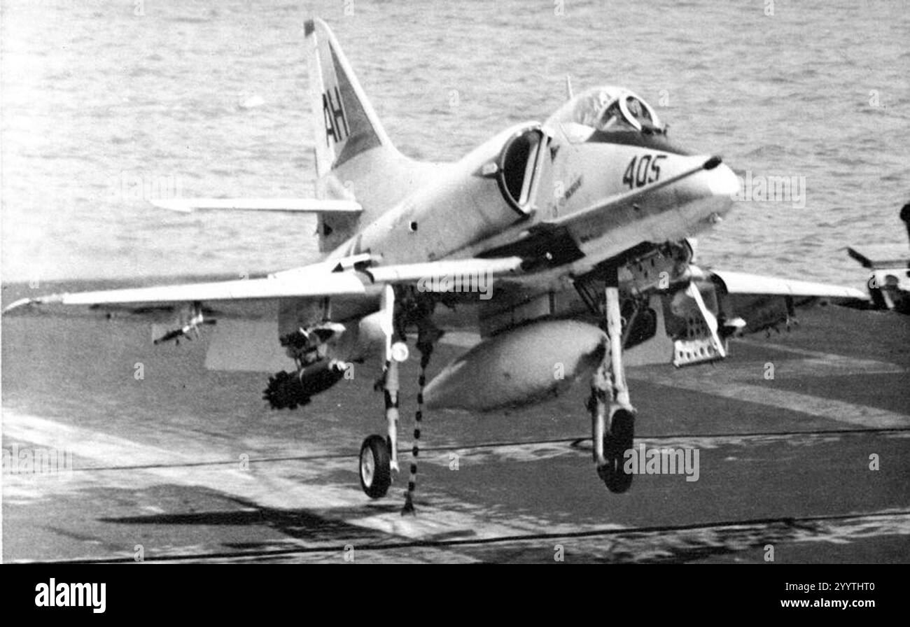 Douglas A-4E Skyhawk of VA-164 lands aboard USS Oriskany (CVA-34 ...