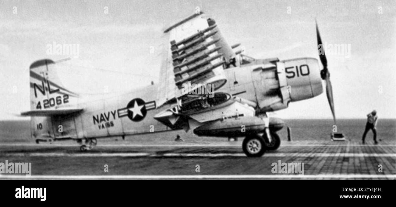 Douglas AD-7 Skyraider of VA-155 aboard USS Hancock (CVA-19), in 1958 ...