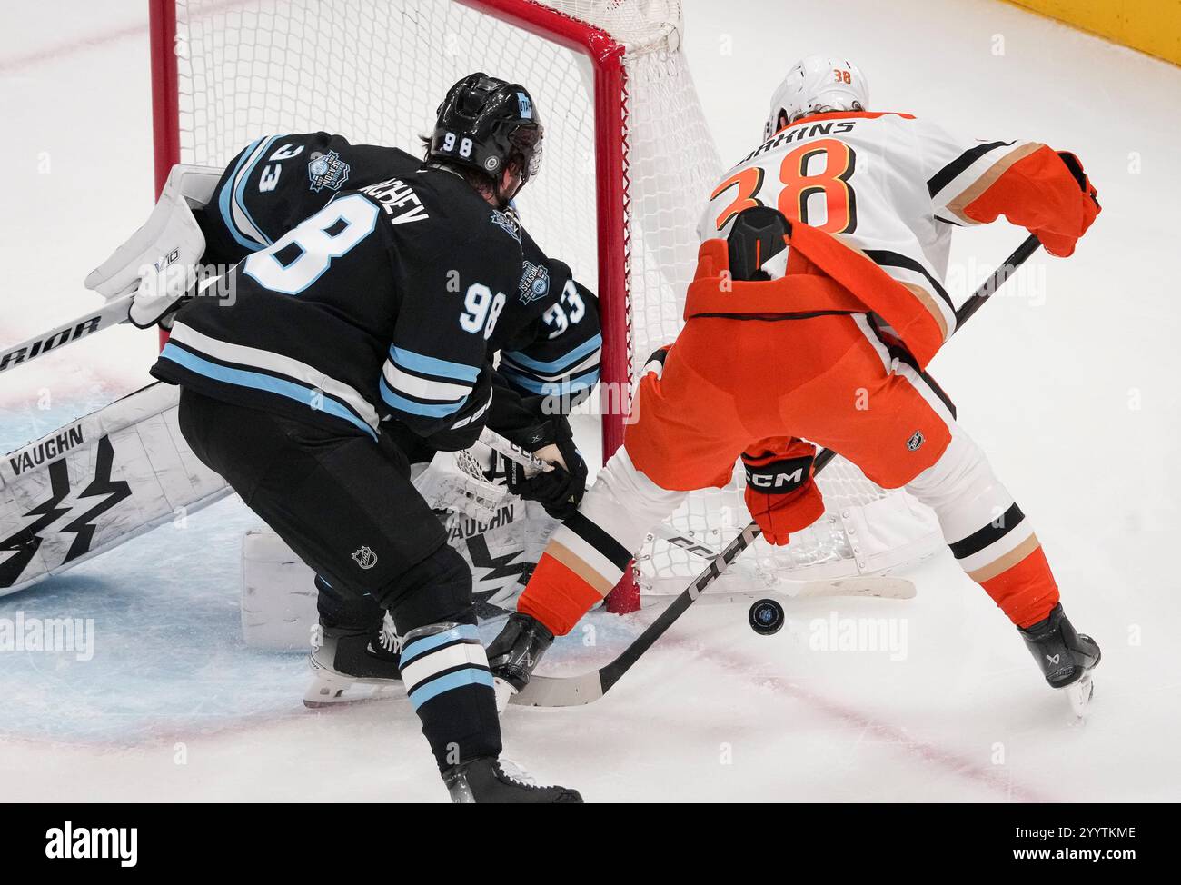 Anaheim Ducks center Jansen Harkins (38) prepares to shoot as Utah ...