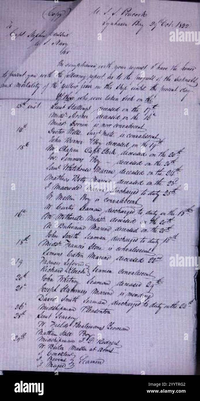 Dr. Samuel R. Trevett USN to Captain Stephen Cassin USN 29 Oct 1822, re ...