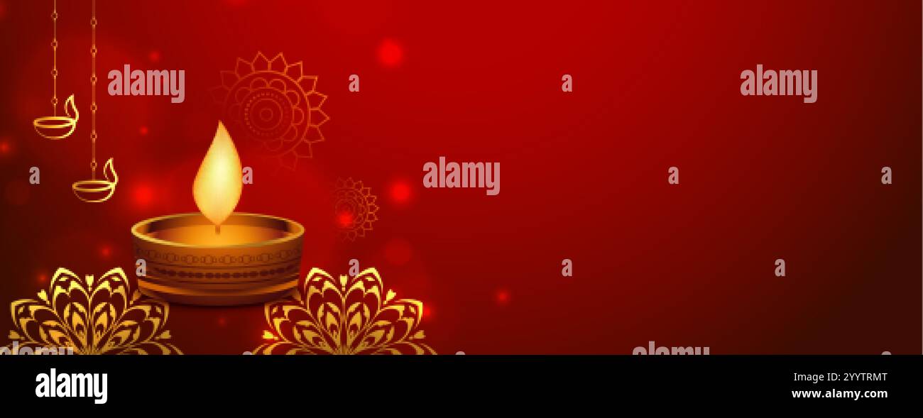 red happy diwali web banner with diya in golden style Stock Vector ...