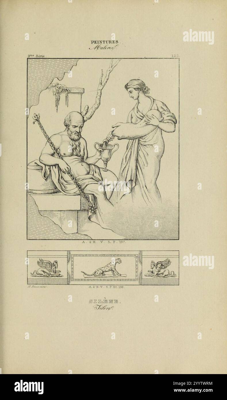 Drawing of a Roman fresco depicting Silenus with vignettes of ...