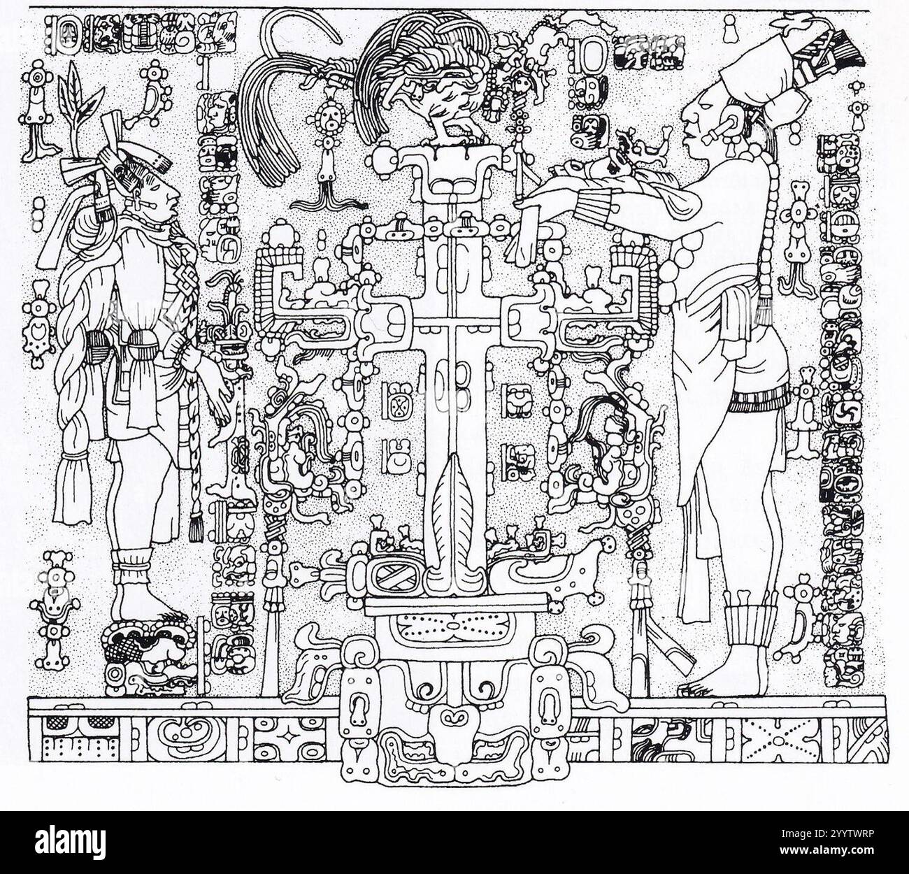 Drawing of a Maya relief from Palenque with K'inich Kan Bahlam II Stock ...