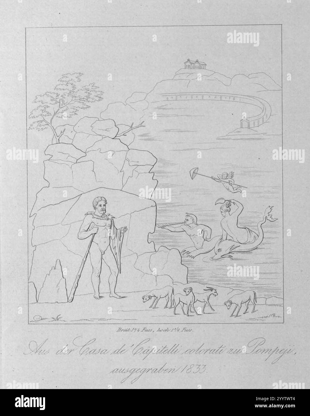 Drawing of a fresco depicting Painting of Polyphemus, looking out to ...