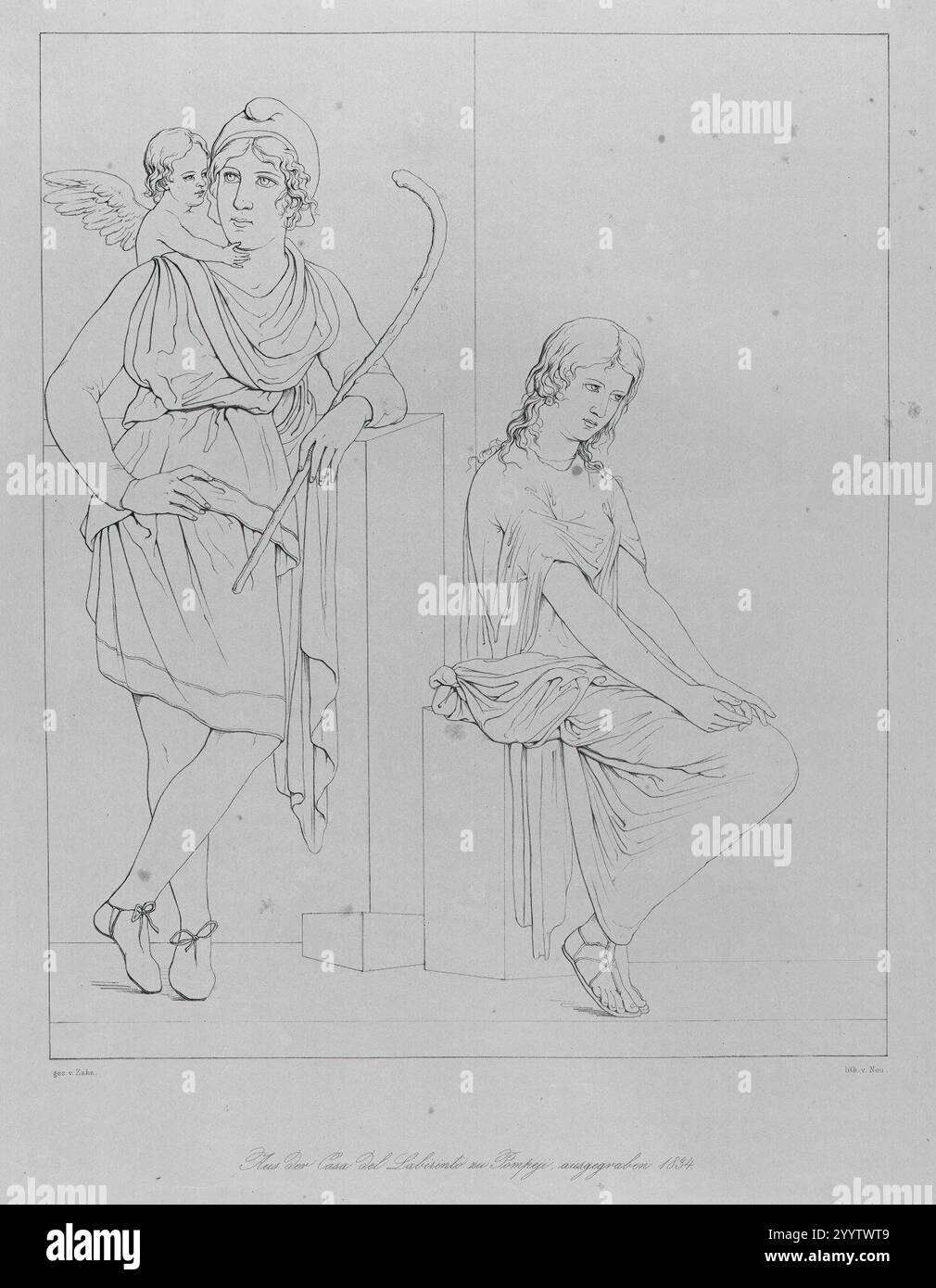 Drawing of a fresco depicting Paris, Eros, and Oinone from the House of ...