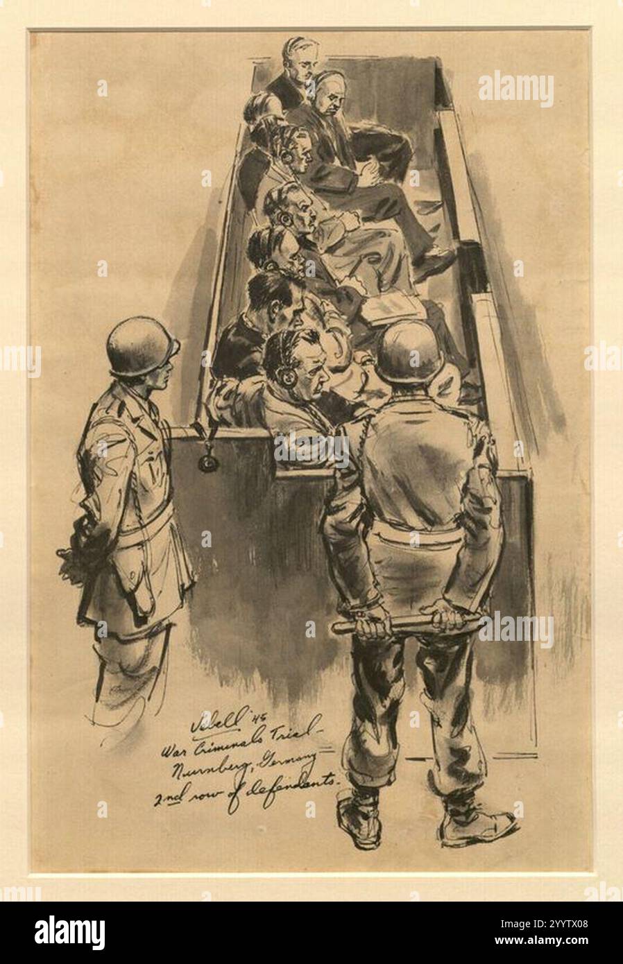Drawing of a group of German defendants in their seats created during ...