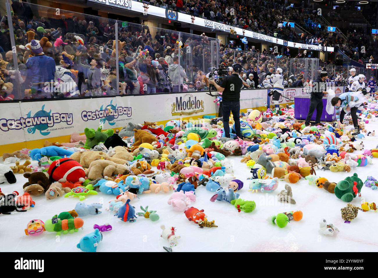 CLEVELAND, OH - DECEMBER 22: Stuffed animals litter the ice during the ...
