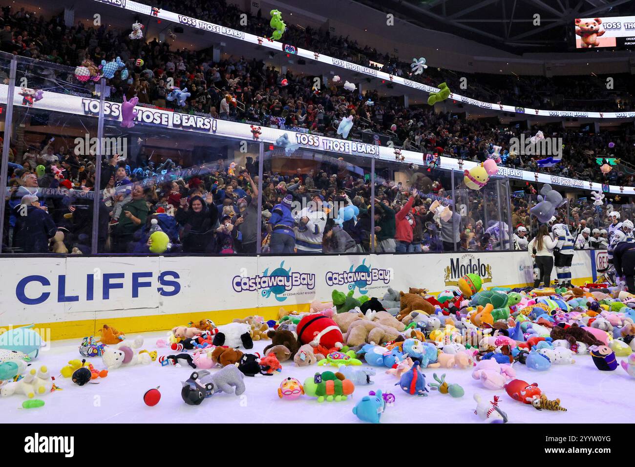 CLEVELAND, OH - DECEMBER 22: Fans throw stuffed animals to the ice ...