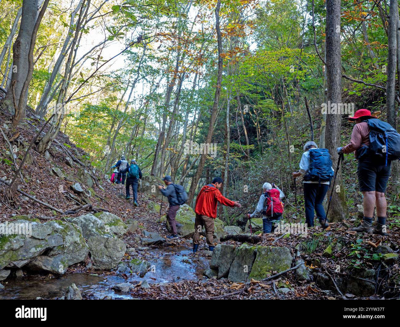 Hiking group crossing a stream on Kitayamazaki Cape along the Michinoku ...