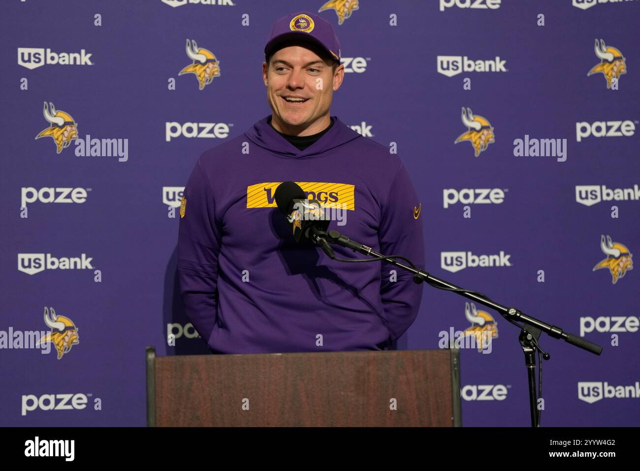 Minnesota Vikings head coach Kevin O'Connell answers questions during a ...