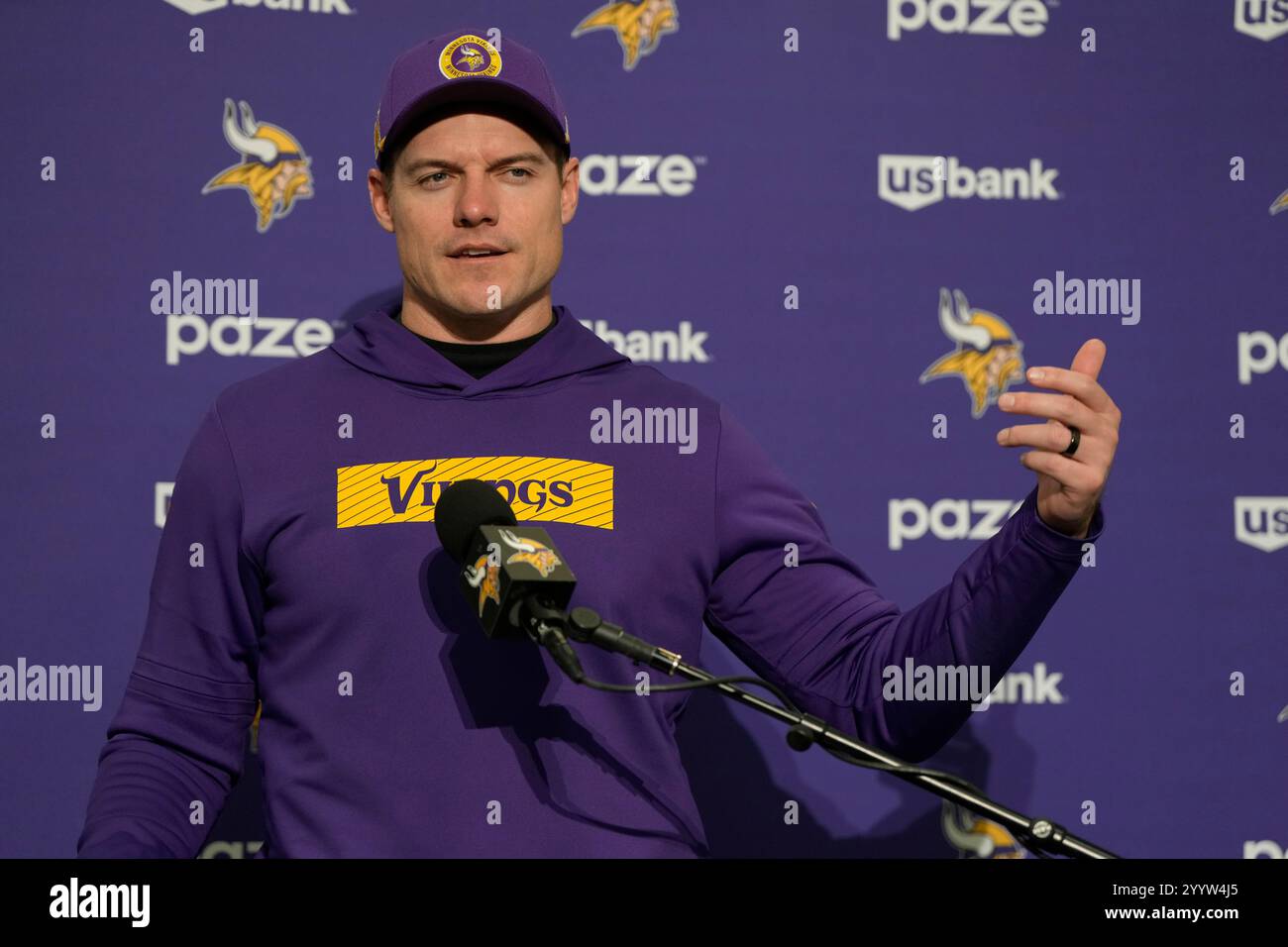 Minnesota Vikings head coach Kevin O'Connell answers questions during a ...