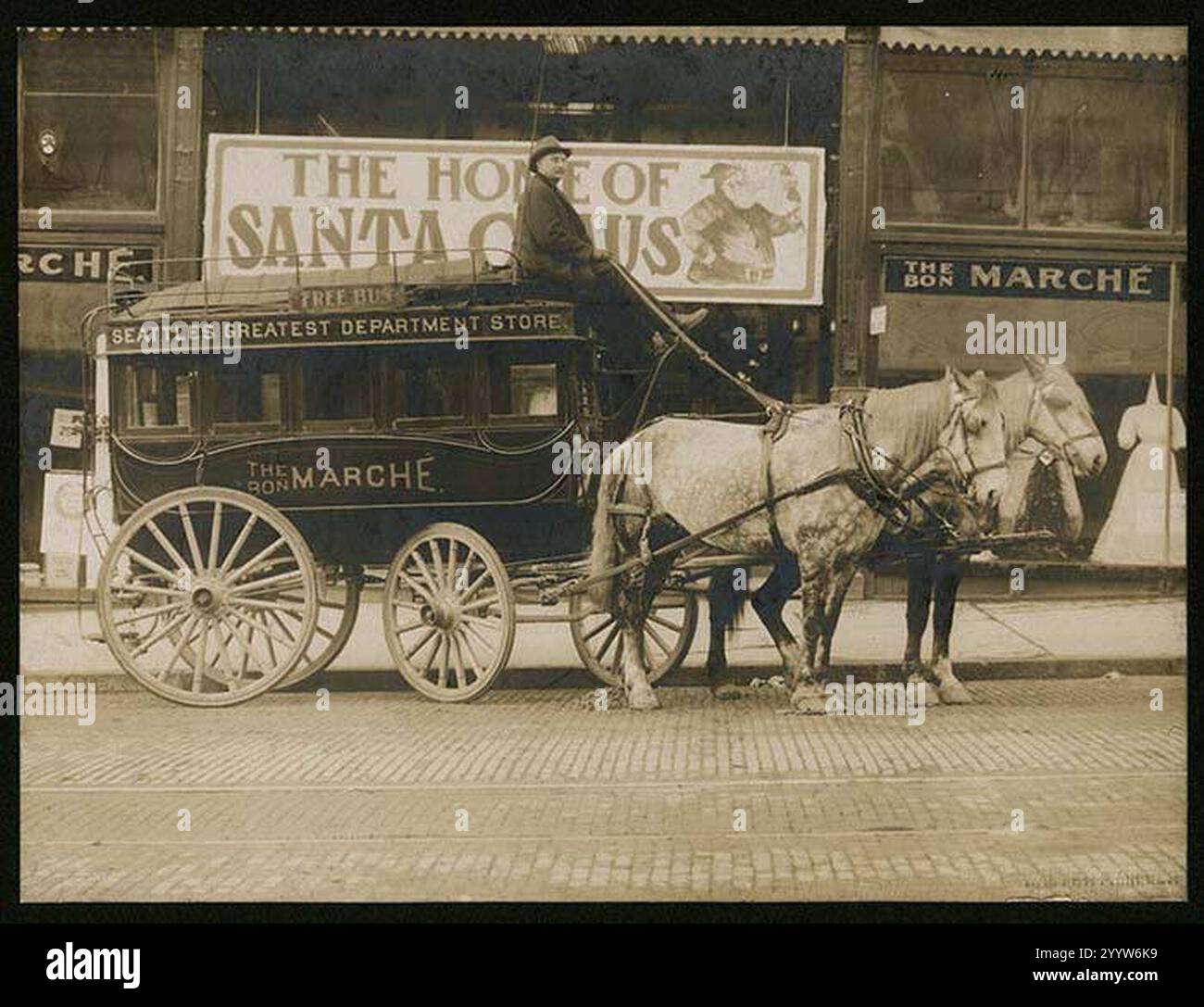Driver with horse-drawn Bon Marché carriage in front of Second and Pike ...