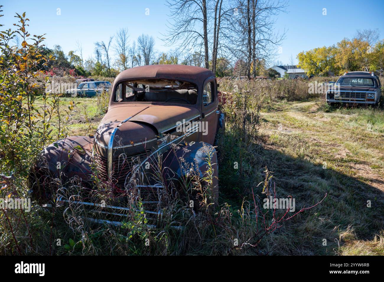 Antique car rusting in field Stock Photo - Alamy