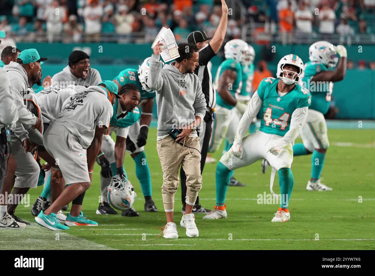 Miami Dolphins players celebrate at the end of an NFL football game ...