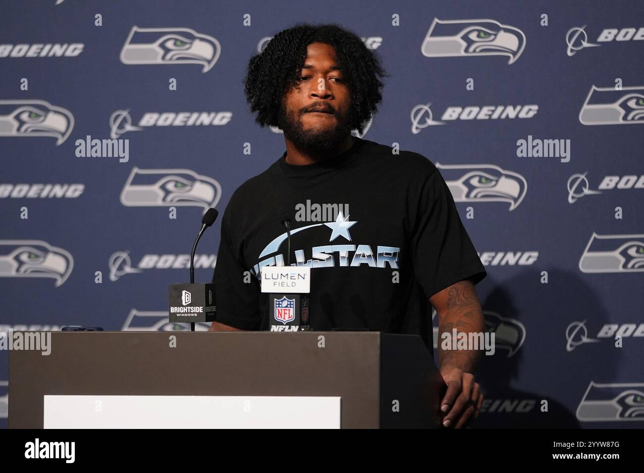 Seattle Seahawks linebacker Ernest Jones IV (13) answers questions ...
