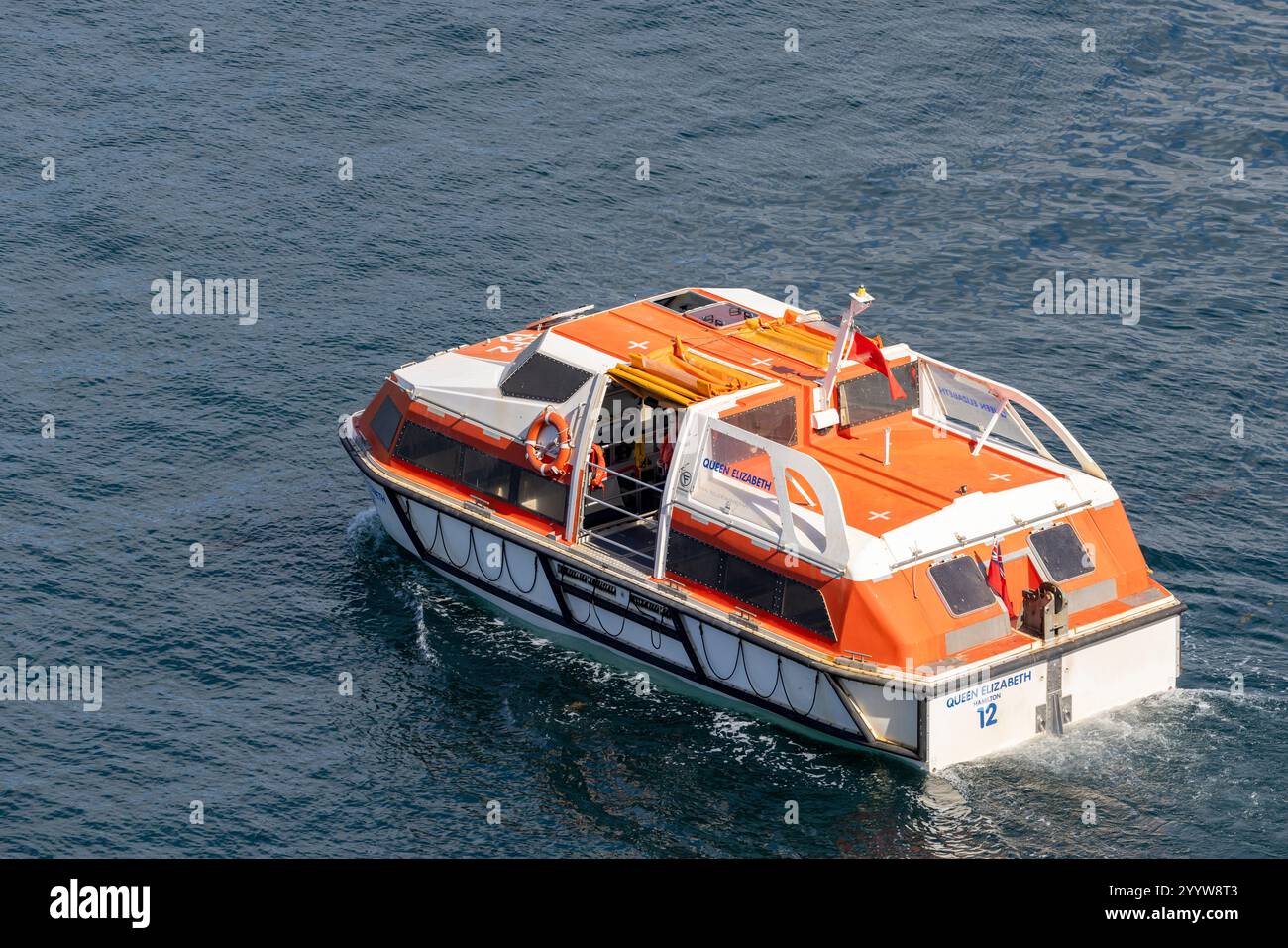 Tender boat from Cunard Queen Elizabeth cruise ship transporting ...