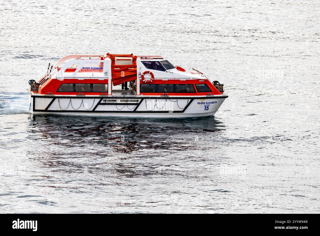 Tender boat from Cunard Queen Elizabeth cruise ship transporting ...