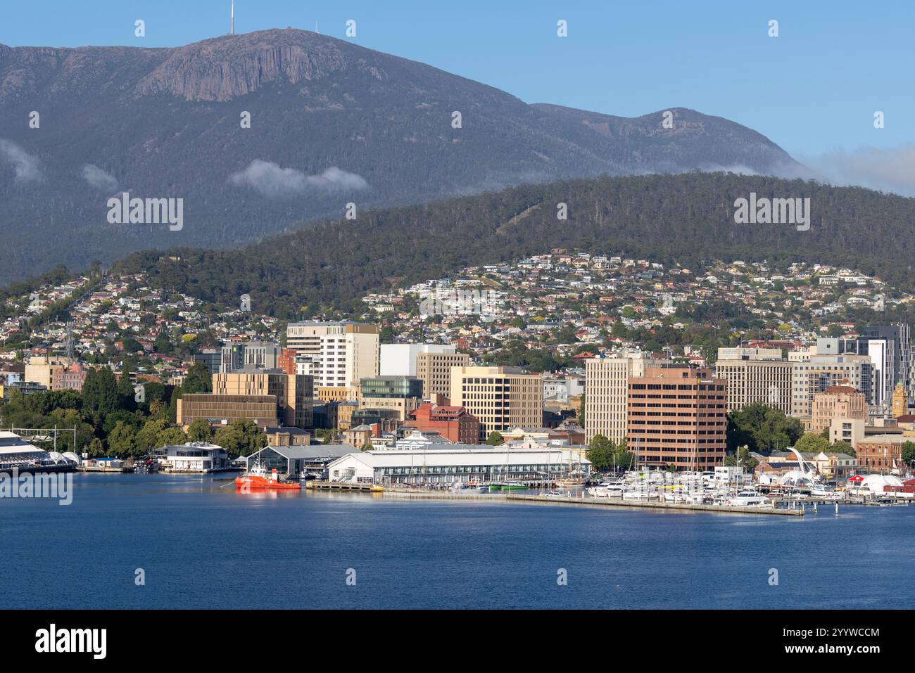 Hobart city centre, harbour and waterfront with office buildings and ...