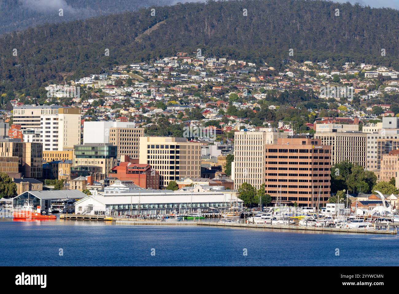 Hobart city centre, harbour and waterfront with office buildings and ...
