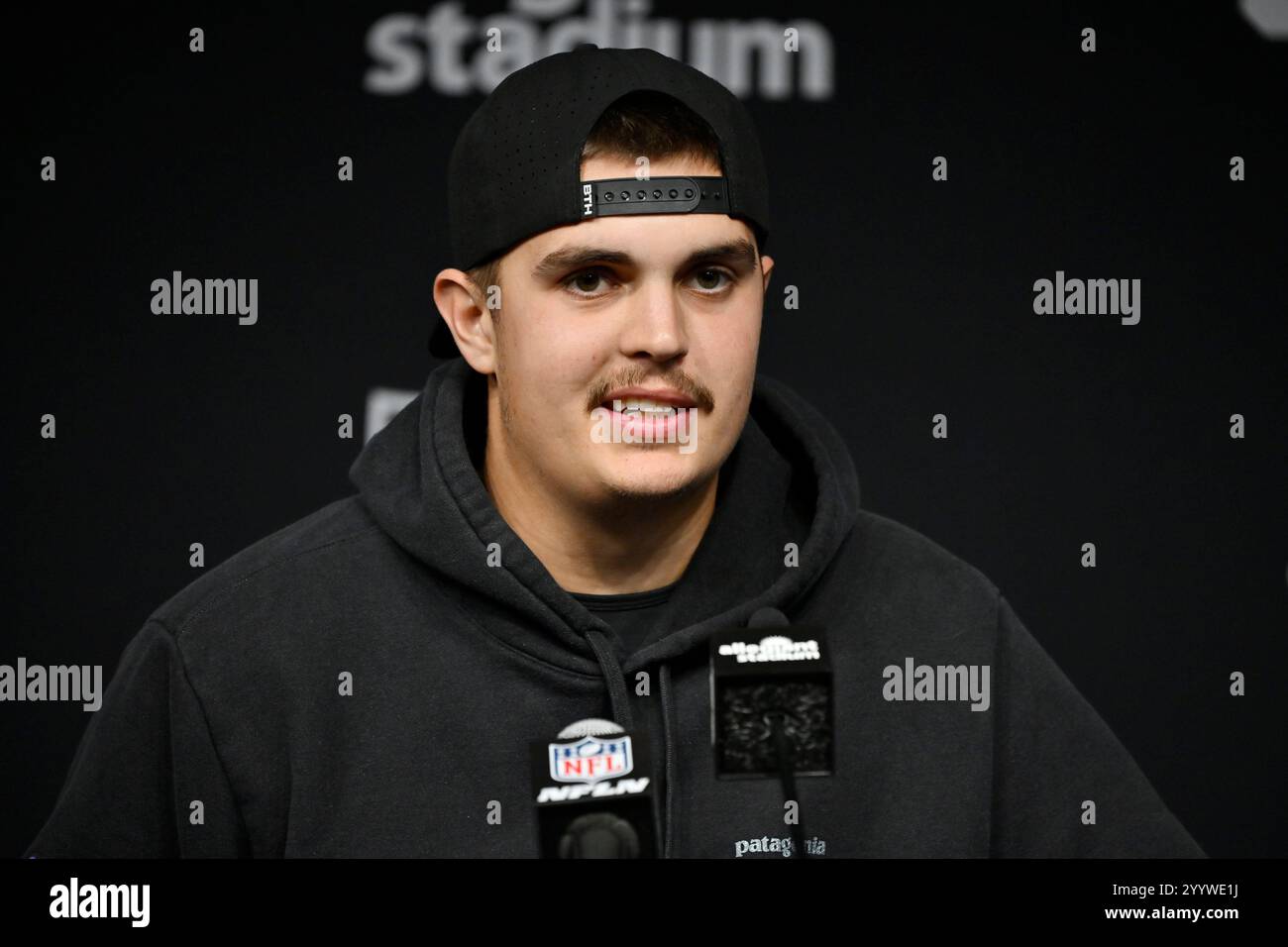 Las Vegas Raiders quarterback Aidan O'Connell answers a question during ...