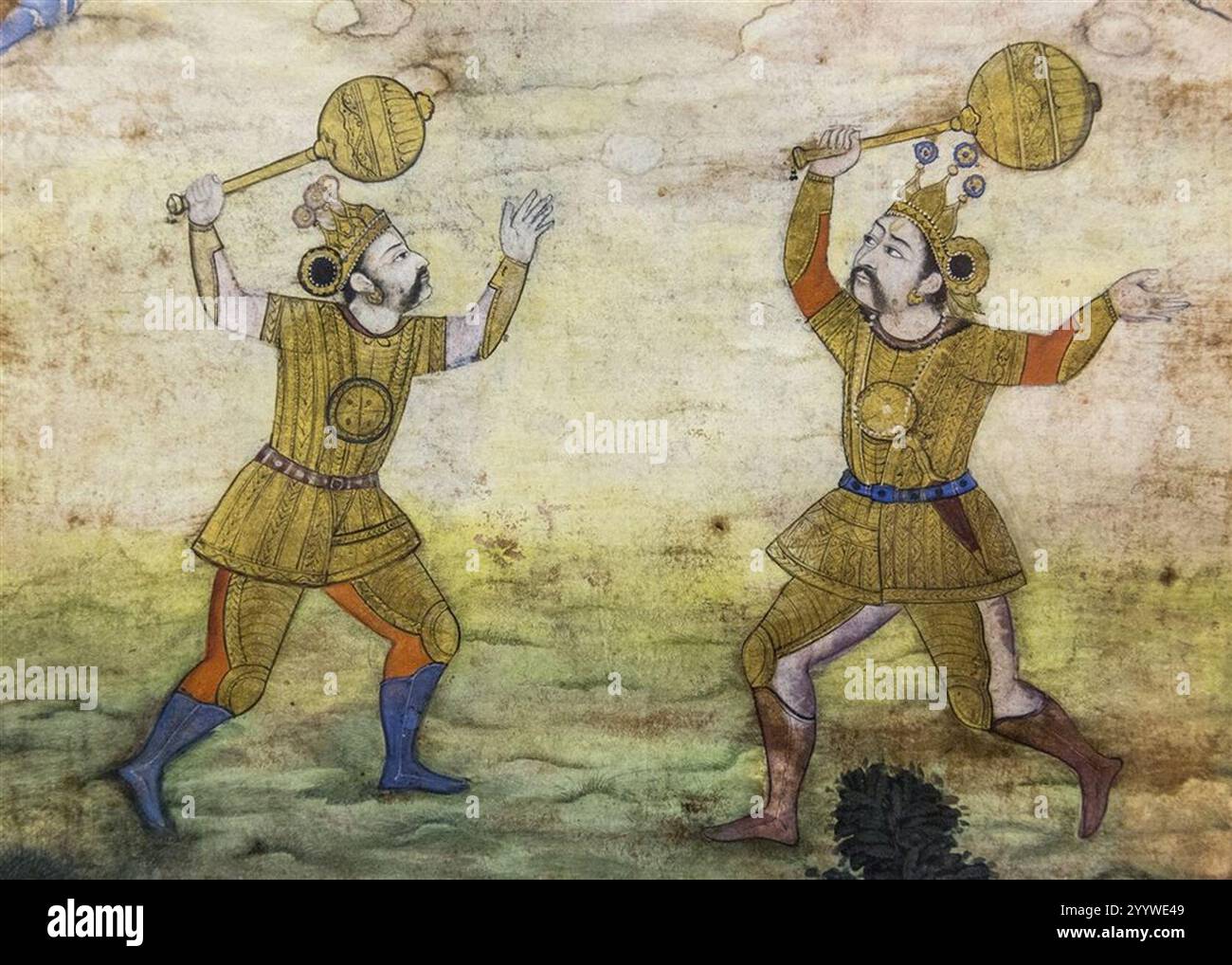 Duel between Duryodhan and Bhima. Illustrated folio from Razmnama ...