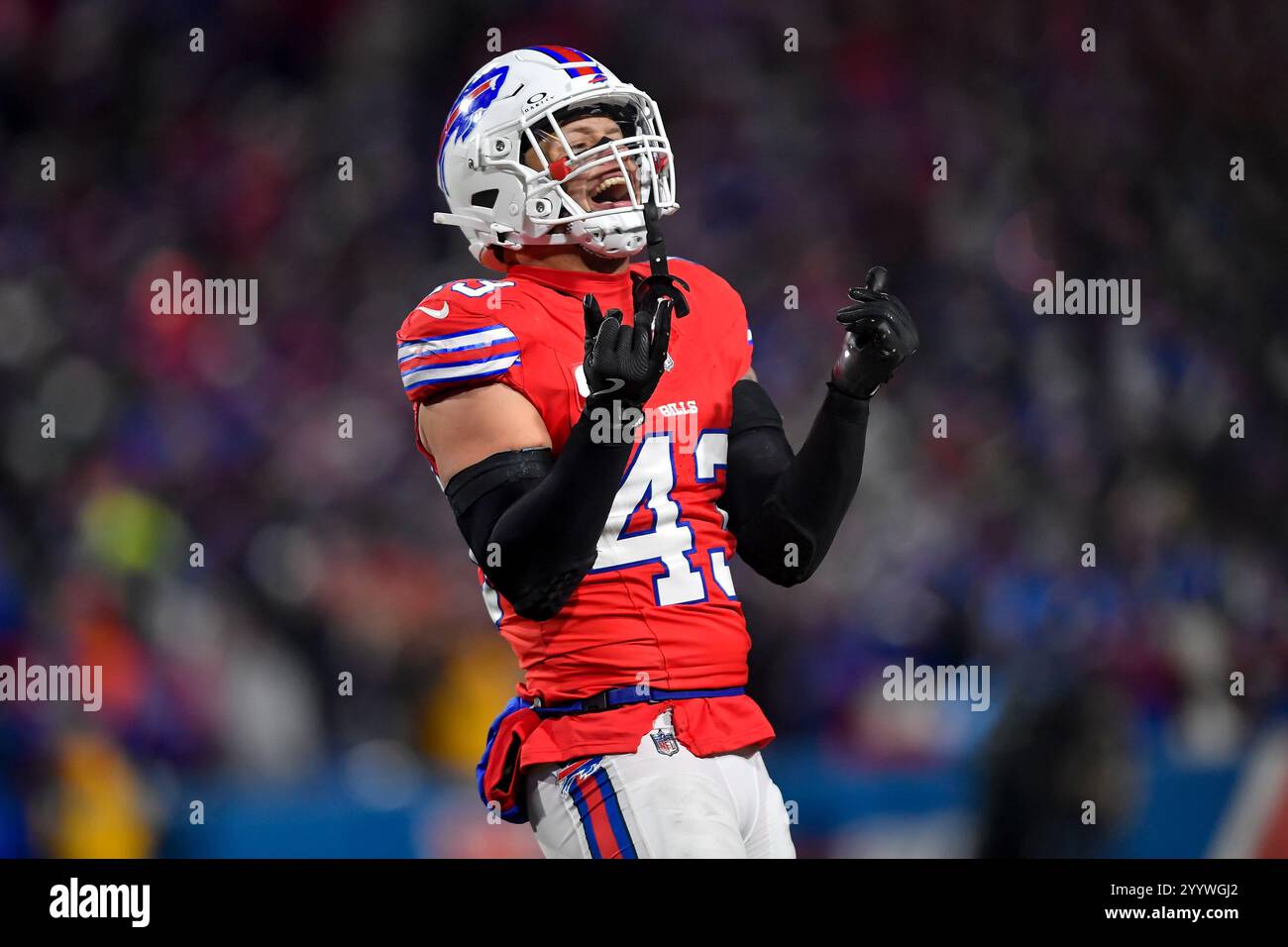 Buffalo Bills linebacker Terrel Bernard (43) reacts after a defensive ...